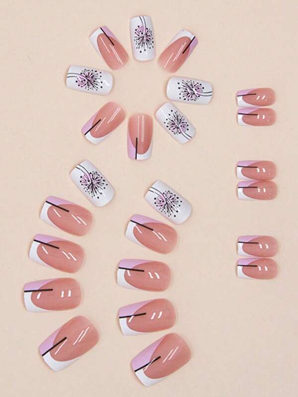 Transform Your Nails with 24pcs Long Square French Style Dandelion ...