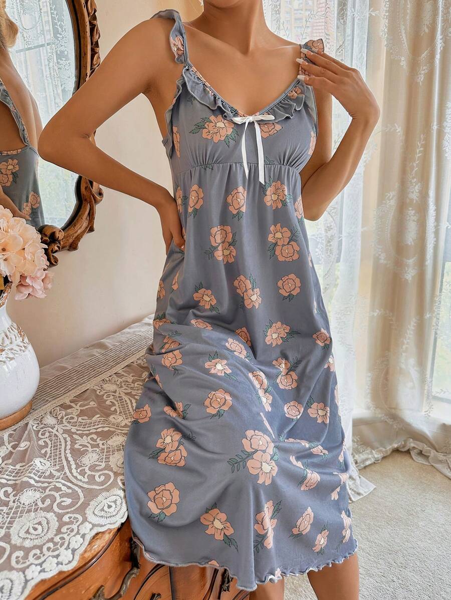 Floral Print Ruffle Trim Bow Front Nightdress | SHEIN USA