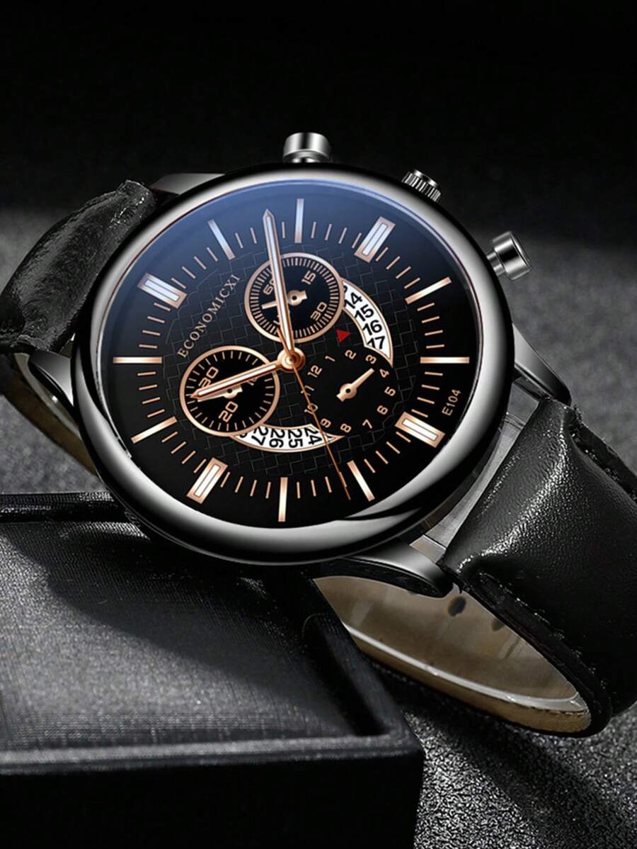 ECONOMICXI 1 pièce Montre Quartz Cadran Noir En Polyuréthane PU Sangle ...