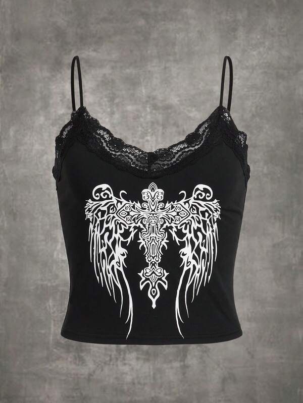 Grunge Punk Wings Cross Print Contrast Lace Cami Top | SHEIN USA