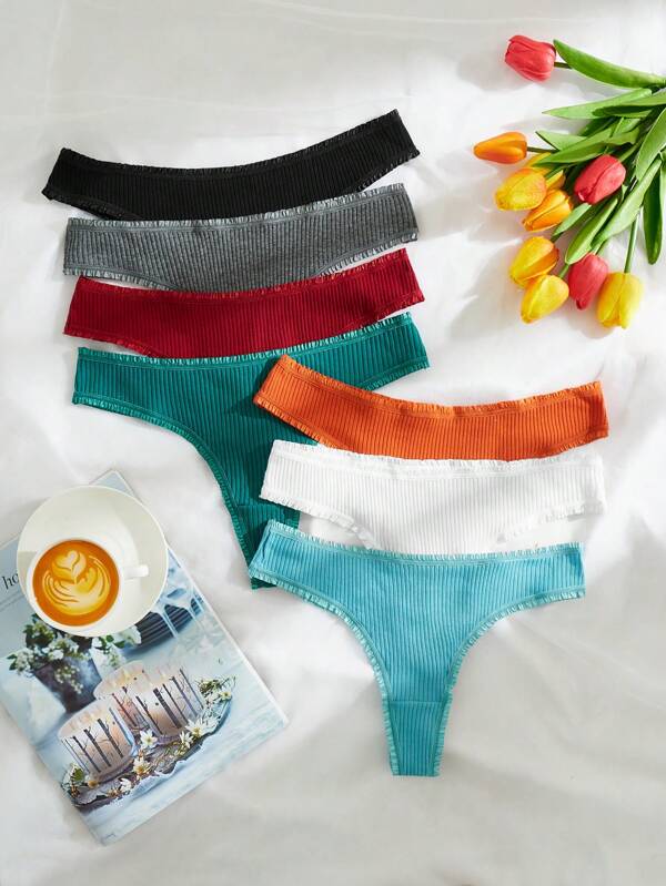 7pack Solid Ribbed Knit Thong | SHEIN EUQS