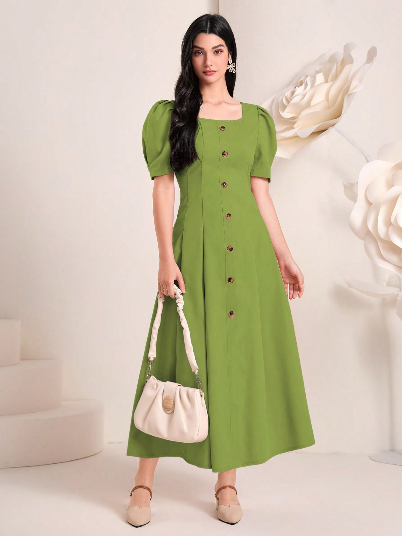 SHEIN Mulvari Gola Quadrada Manga Bufante Botão Frontal Vestido Linha A | SHEIN Brasil