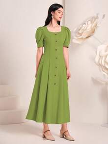 SHEIN Mulvari Gola Quadrada Manga Bufante Botão Frontal Vestido Linha A | SHEIN Brasil