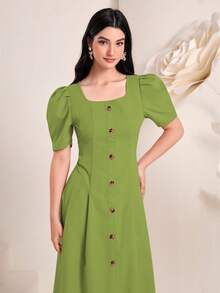SHEIN Mulvari Gola Quadrada Manga Bufante Botão Frontal Vestido Linha A | SHEIN Brasil