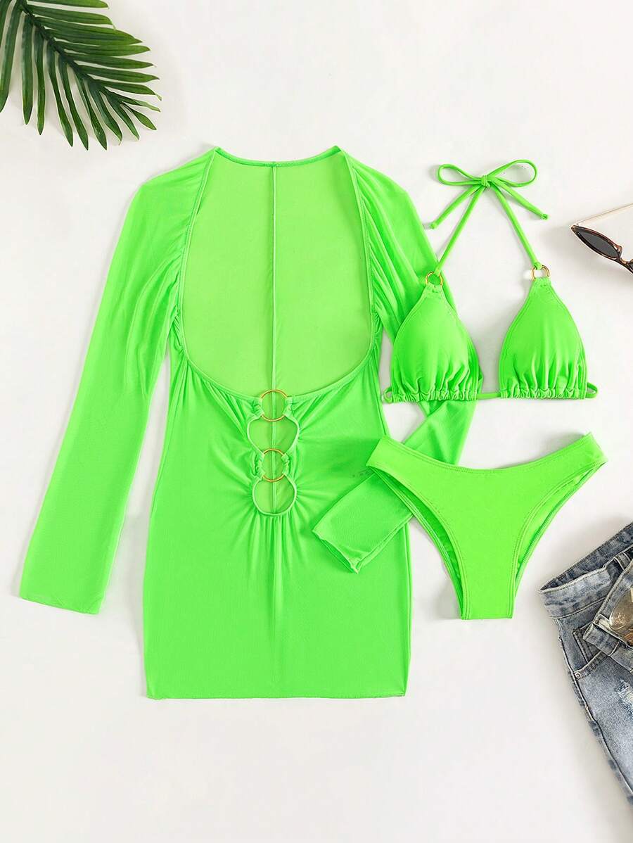 Ring Linked Halter Triangle Bikini Set With Cover Up | SHEIN EUR