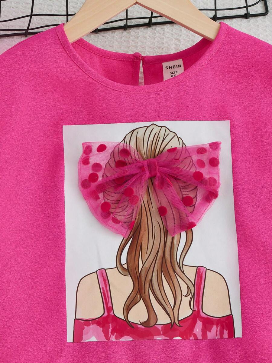 SHEIN Tween Girl Figure Graphic Batwing Sleeve Bow Detail Top & Self ...