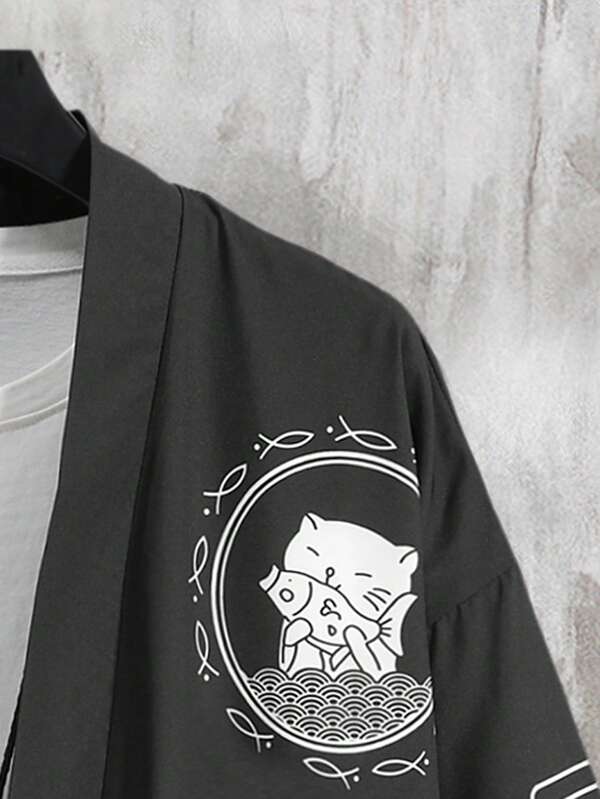 Manfinity EMRG Men Cartoon & Star Print Drop Shoulder Kimono Without ...