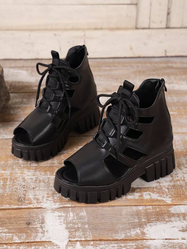 Women Lace-up Front Zipper Back Sandals, Elegant Black Hollow Out Wedge ...