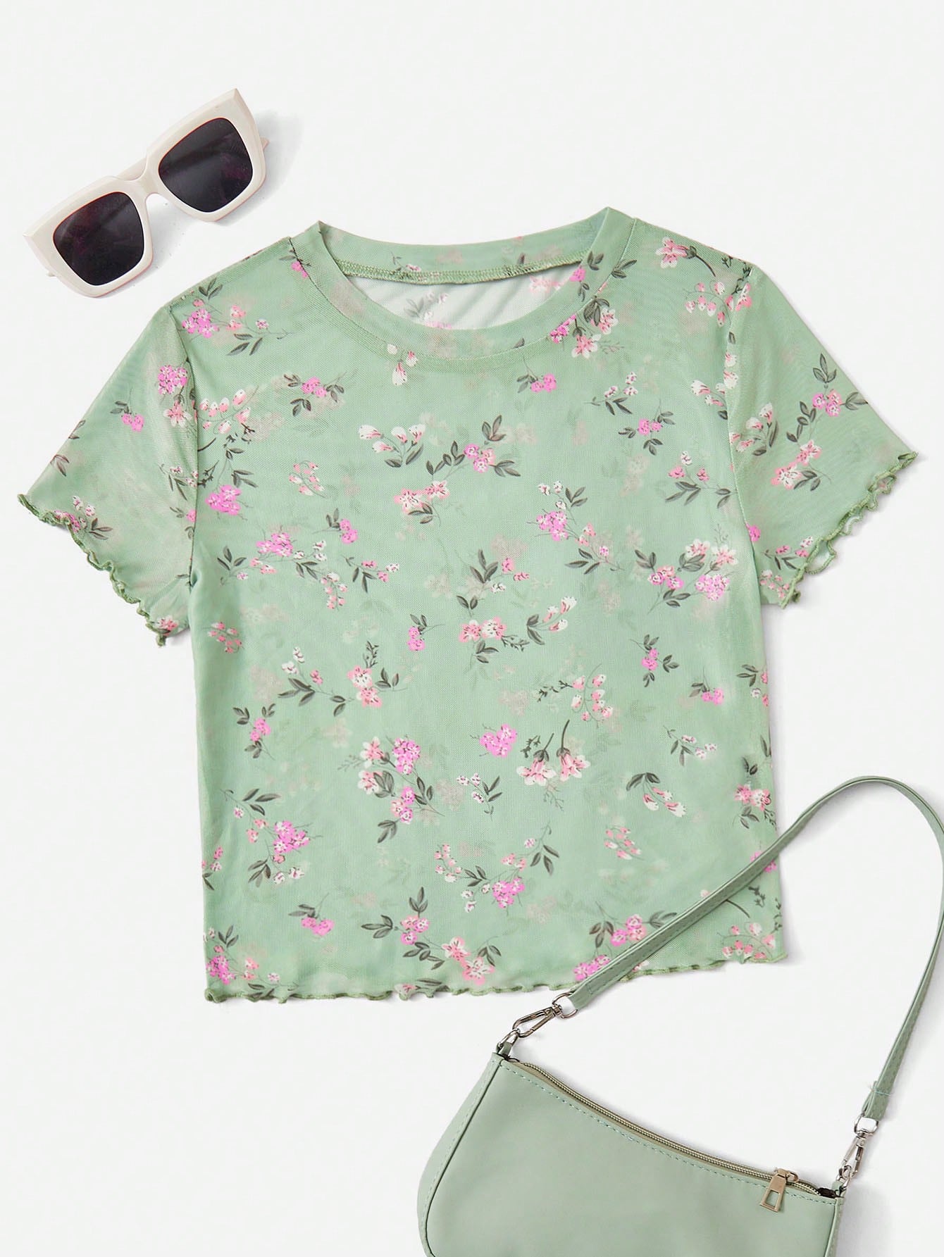Shein Qutie Floral Print Lettuce Trim Crop Mesh Top Without Bra Shein Usa