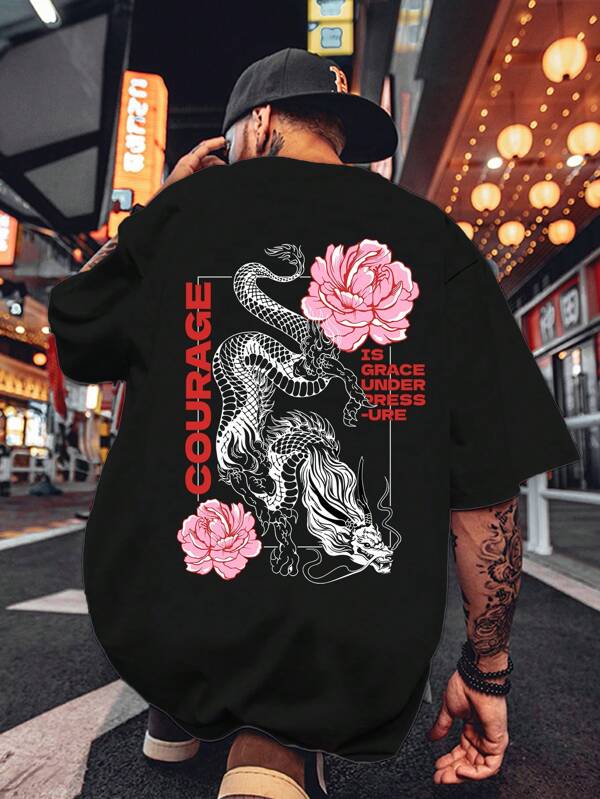 Manfinity EMRG Men Cotton Dragon & Floral Print Drop Shoulder Tee ...