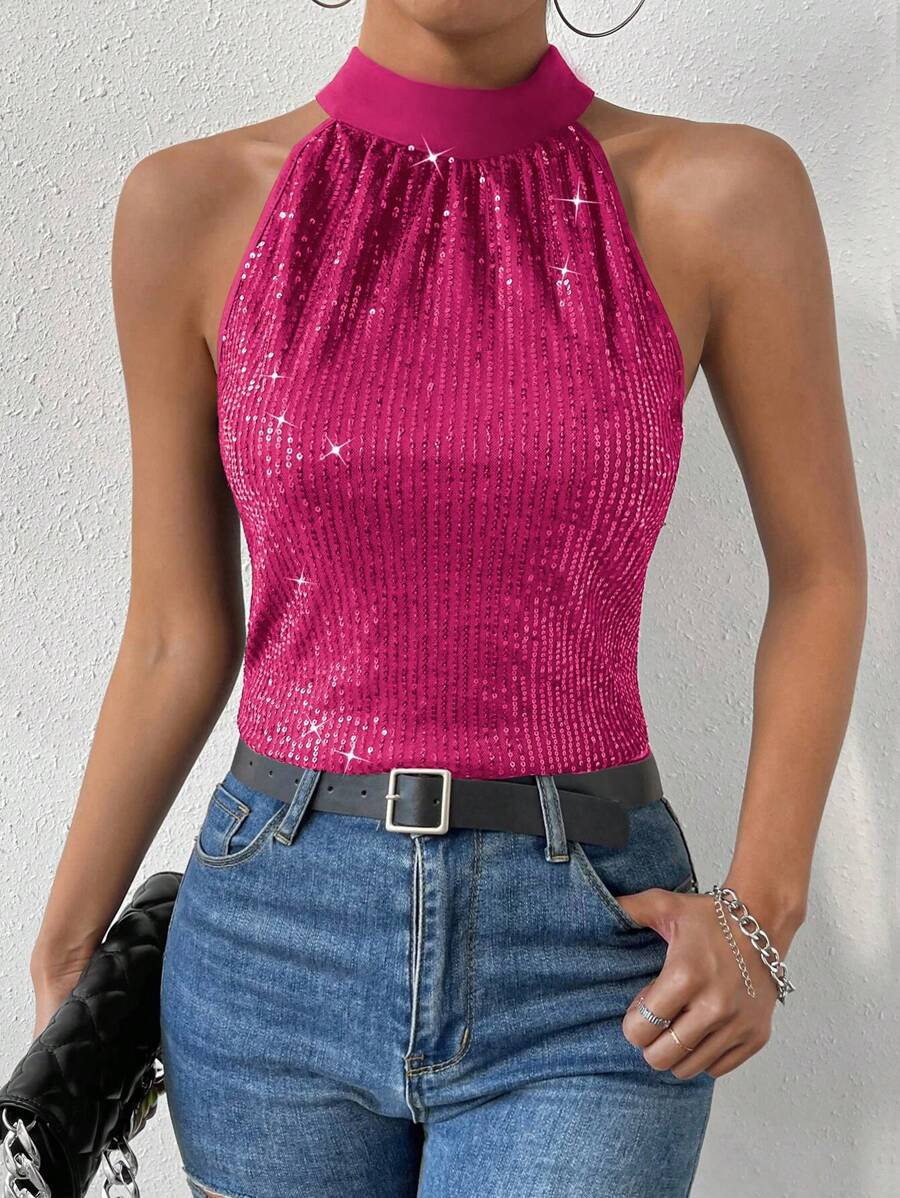 Allurite Keyhole Back Sequin Halter Top | SHEIN USA