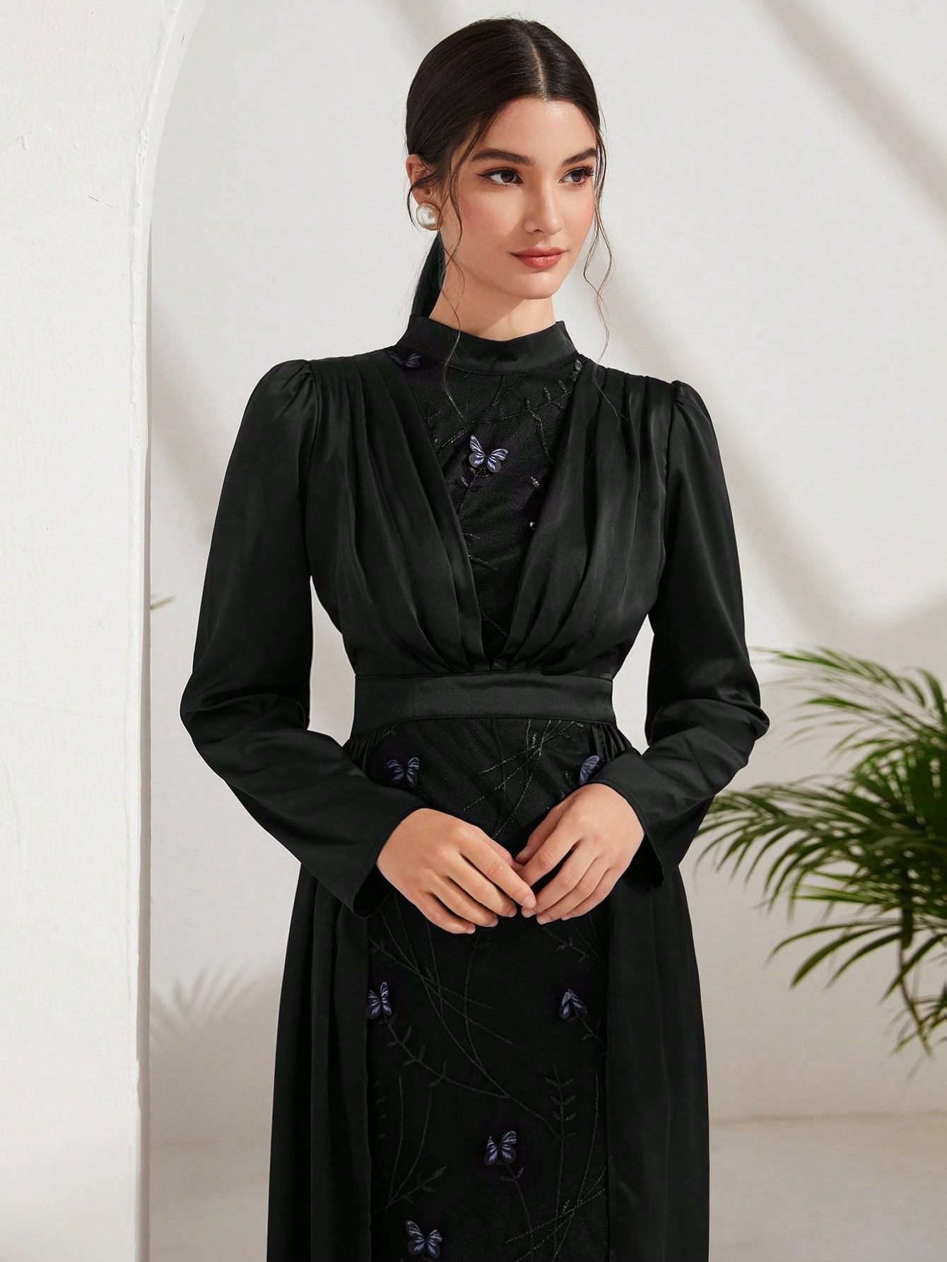 SHEIN Najma Mock Neck Puff Sleeve Butterfly Appliques Dress for Sale ...