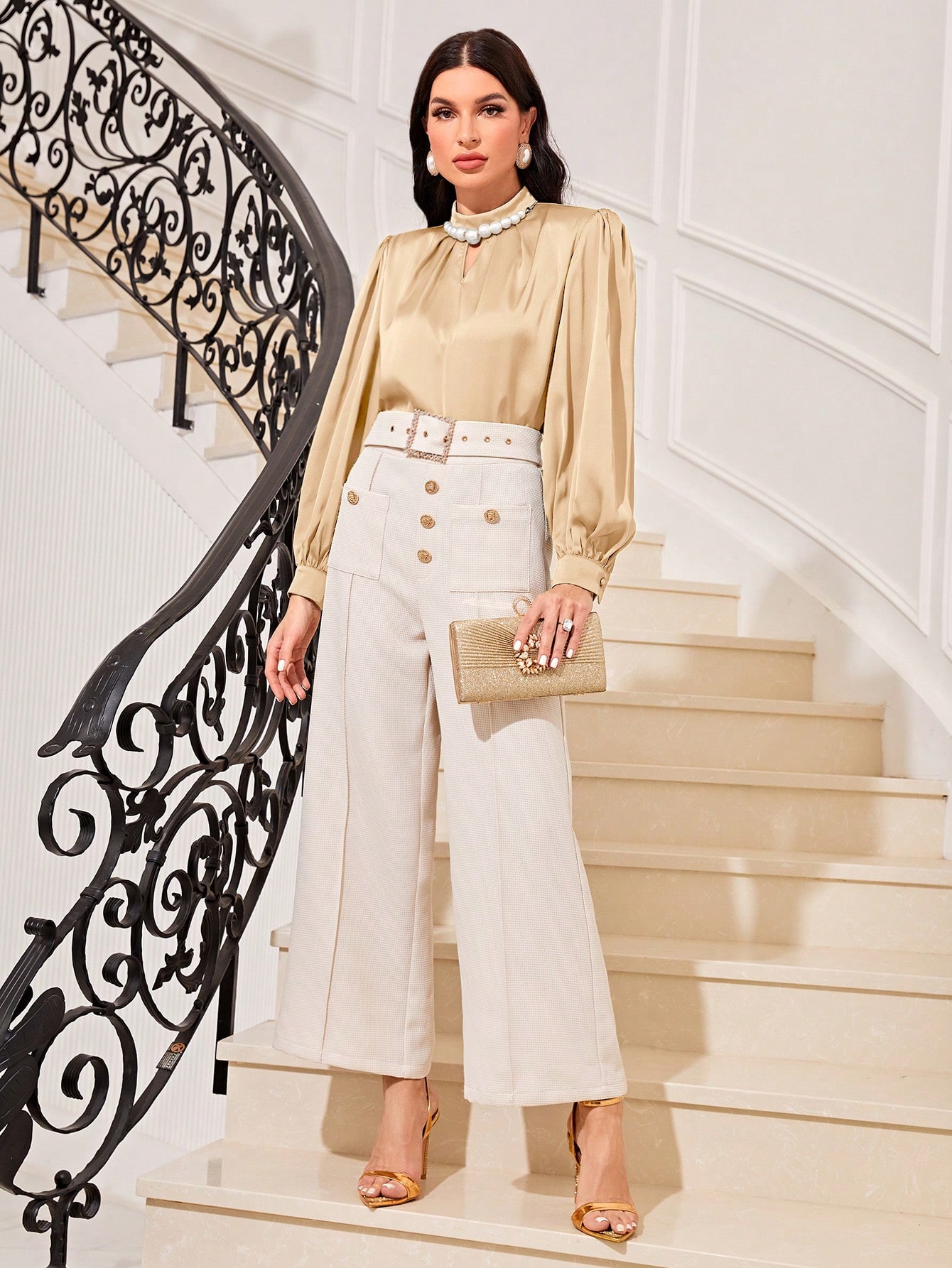 Shein Modely Pearls Beaded Keyhole Neckline Lantern Sleeve Satin Blouse