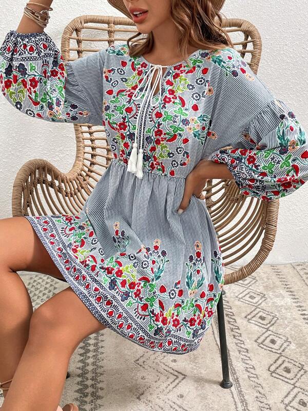 Shein Vcay Floral Print Tassel Tie Neck Lantern Sleeve Dress Shein