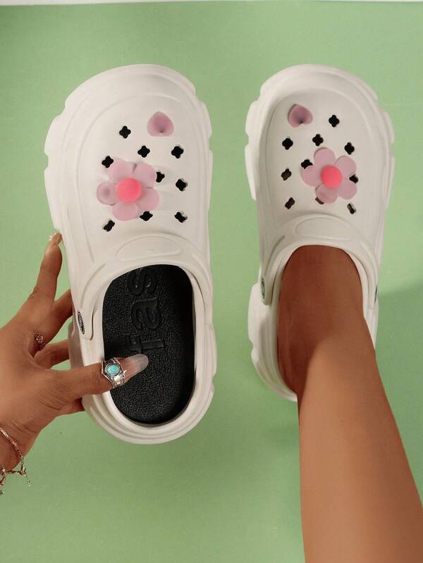 Women Flower Decor Hollow Out Clogs, Preppy Beige EVA Vented Clogs ...