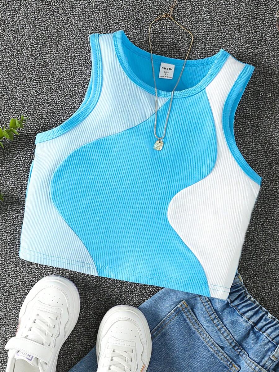 SHEIN Wildeya Tween Girl Colorblock Ribbed Crew Neck Casual Tank Top ...