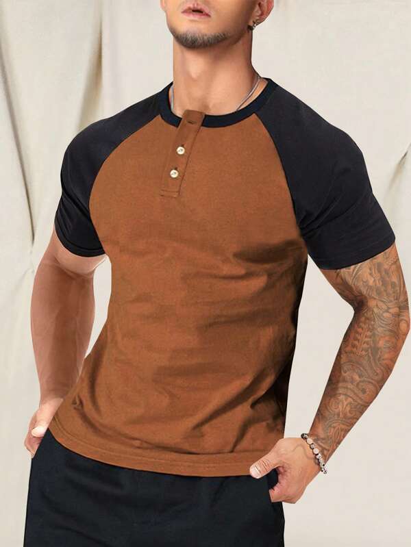 Manfinity Homme Men Contrast Raglan Sleeve Half Button Tee | SHEIN USA