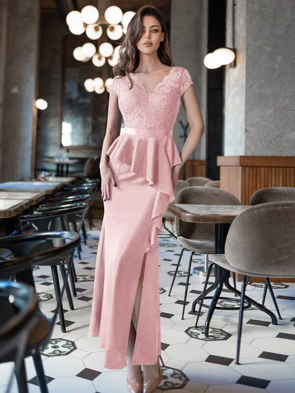 MIUSOL Contrast Lace Ruffle Trim Split Thigh Bodycon Dress | SHEIN EUR