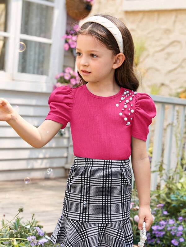 SHEIN Kids CHARMNG Niñas Camiseta con cuenta de perla detalle de manga ...