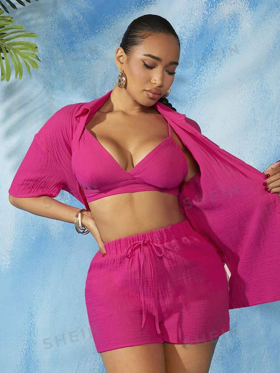 Shein Sxy Solid Cami Top And Shorts And Drop Shoulder Blouse Shein Usa