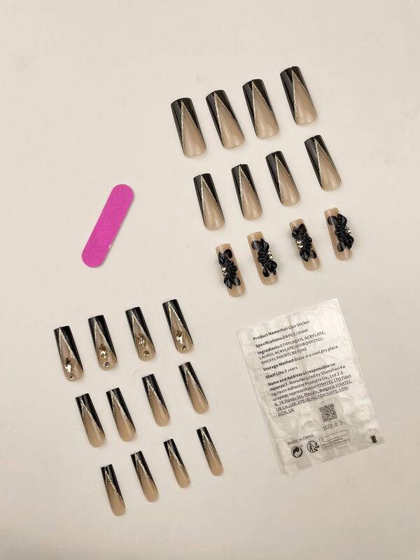 Upgrade Your Look Now With 24pcs/set Long Coffin Shaped Black French ...