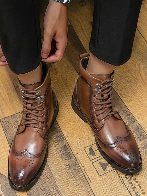 Men Wingtip Detail Lace-up Front Boots, Vintage Brown Combat Boots ...
