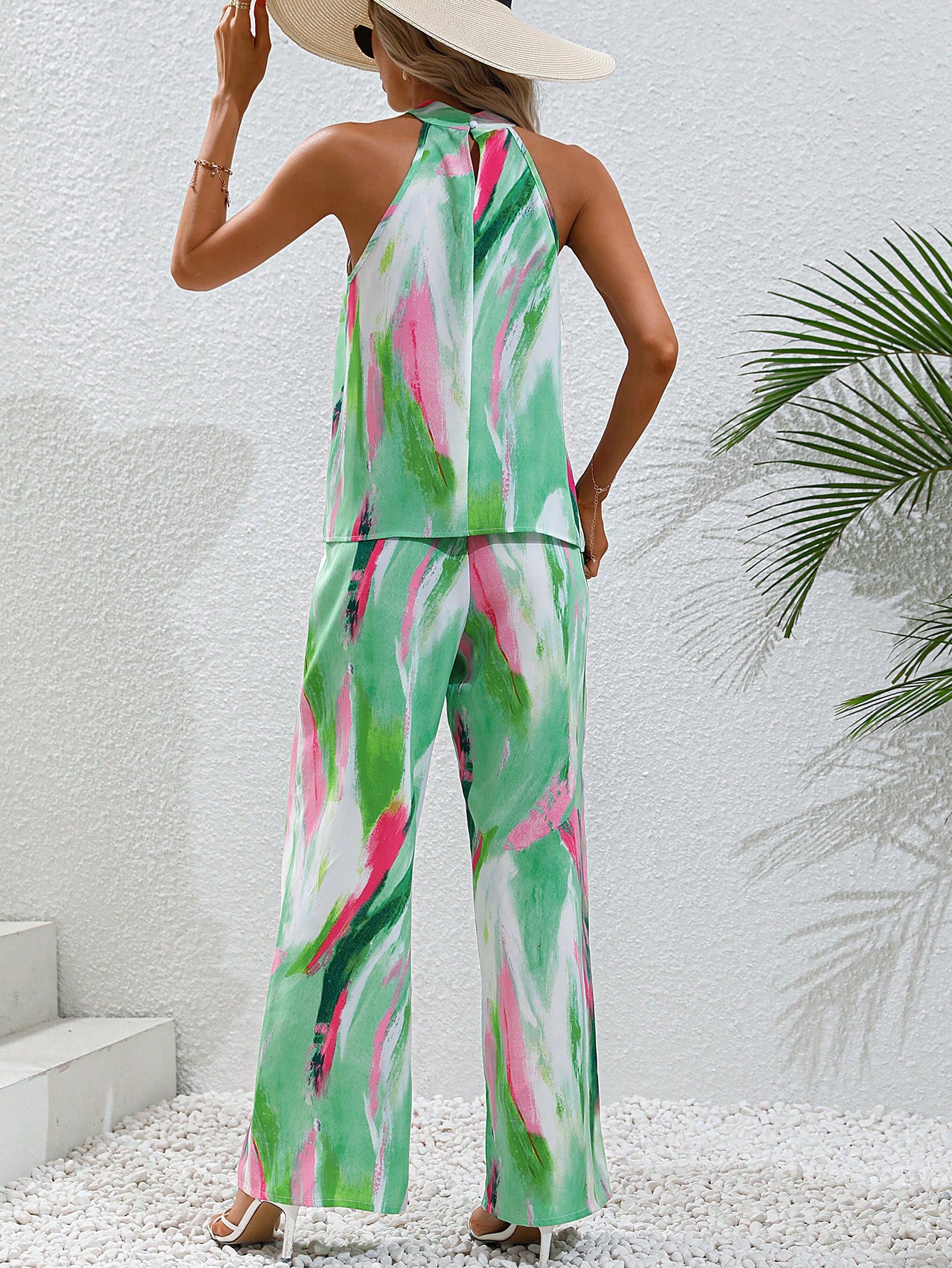 SHEIN VCAY Tie Dye Print Halter Top & Wide Leg Trousers | SHEIN UK