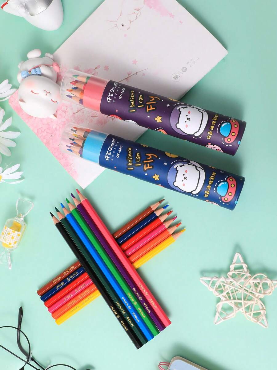 12pcs/Set Cartoon Oil-Based Color Pencils For Student Drawing, Tube ...