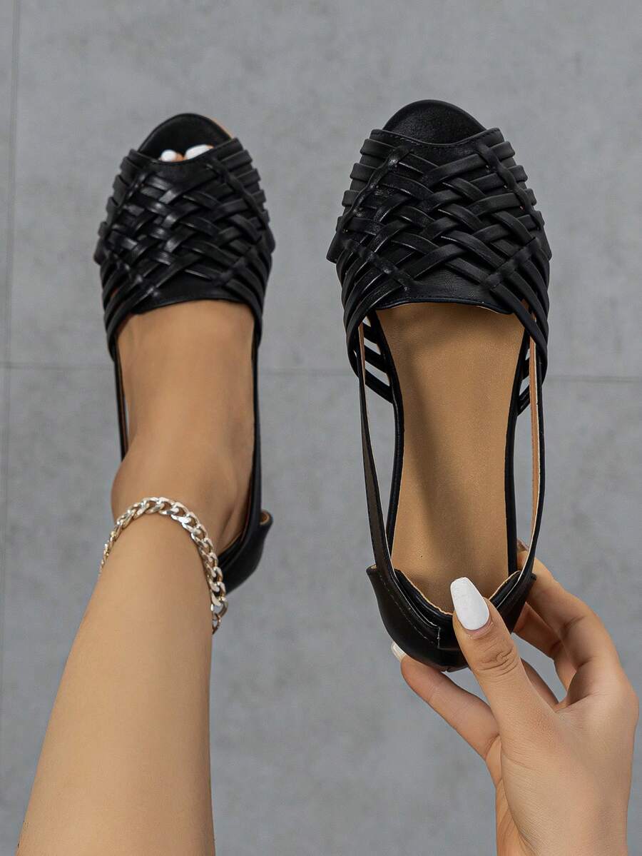 Women Braided Detail Peep Toe Flats, Vacation Black Outdoor Flats ...
