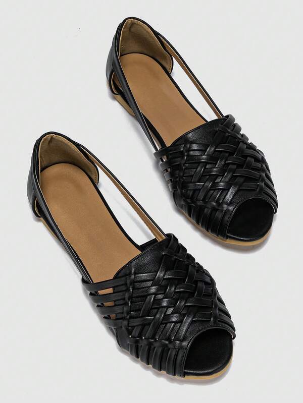 Women Braided Detail Peep Toe Flats, Vacation Black Outdoor Flats ...