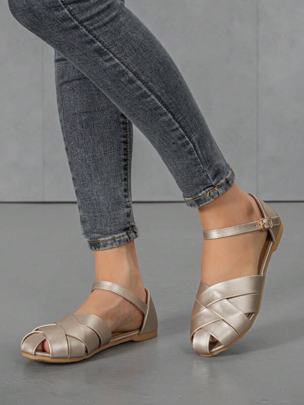 Women Metallic Braided Detail Flat Sandals, Glamorous Gold Ankle Strap ...