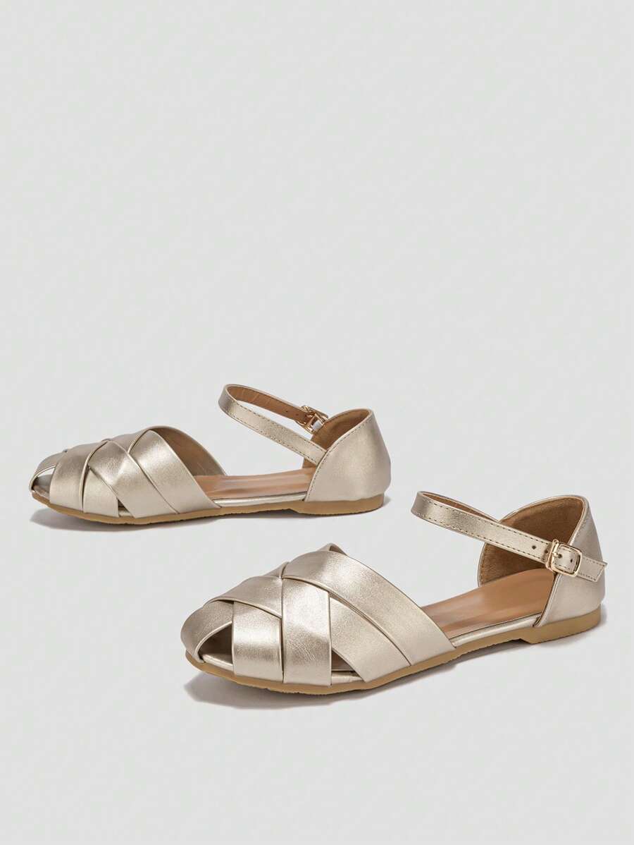 Women Metallic Braided Detail Flat Sandals, Glamorous Gold Ankle Strap ...