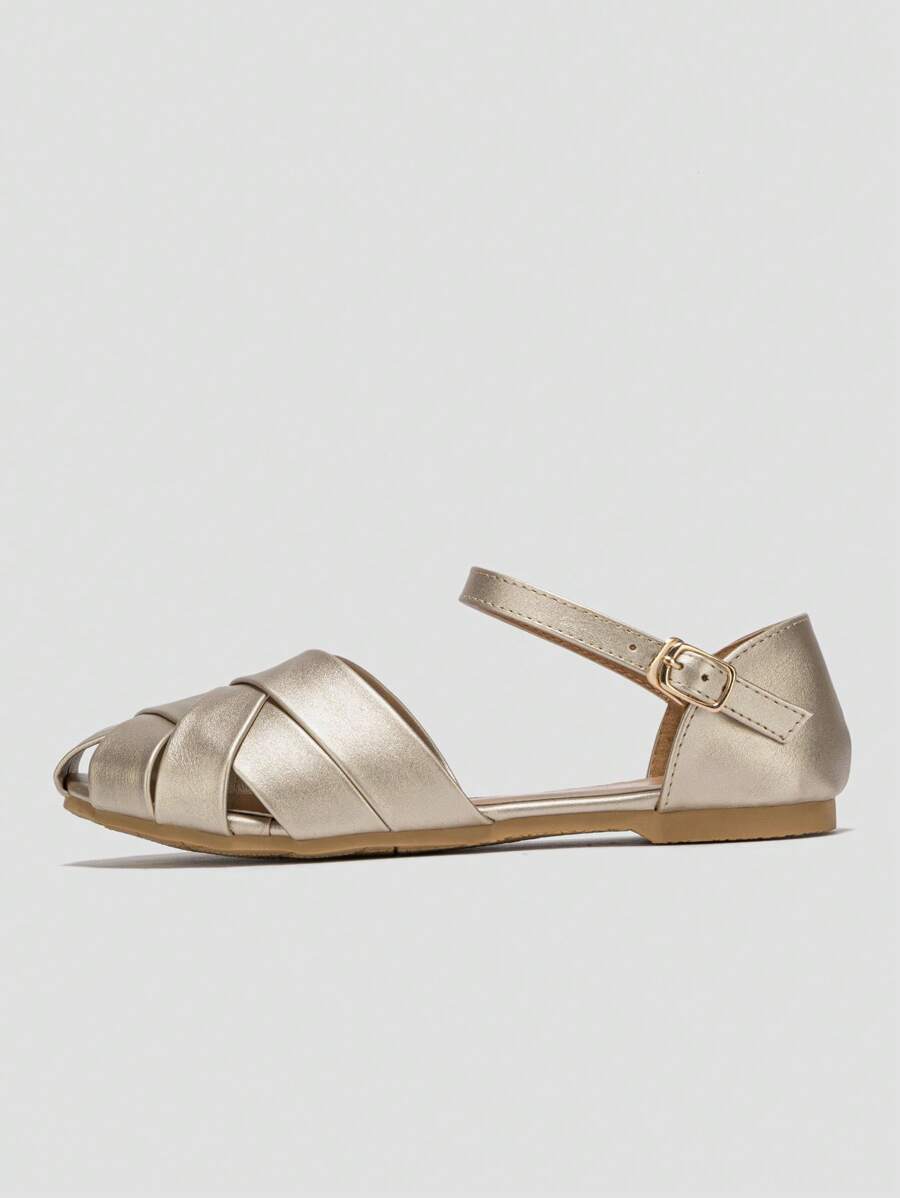 Women Metallic Braided Detail Flat Sandals, Glamorous Gold Ankle Strap ...
