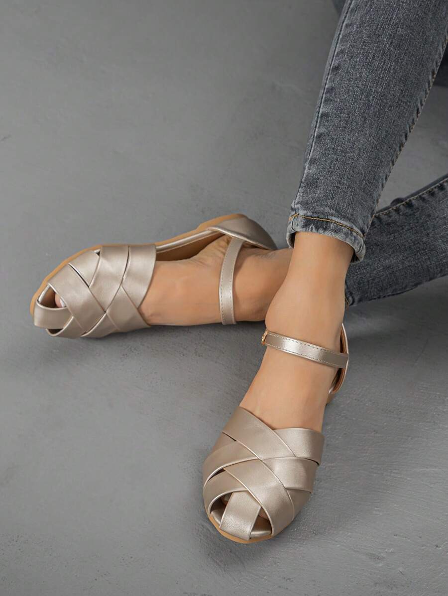Women Metallic Braided Detail Flat Sandals, Glamorous Gold Ankle Strap ...