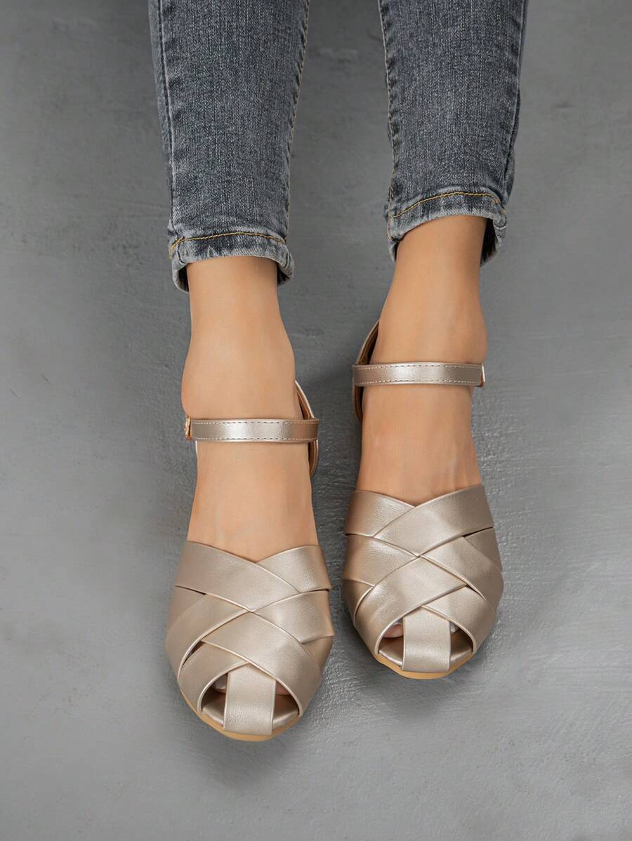 Women Metallic Braided Detail Flat Sandals, Glamorous Gold Ankle Strap ...