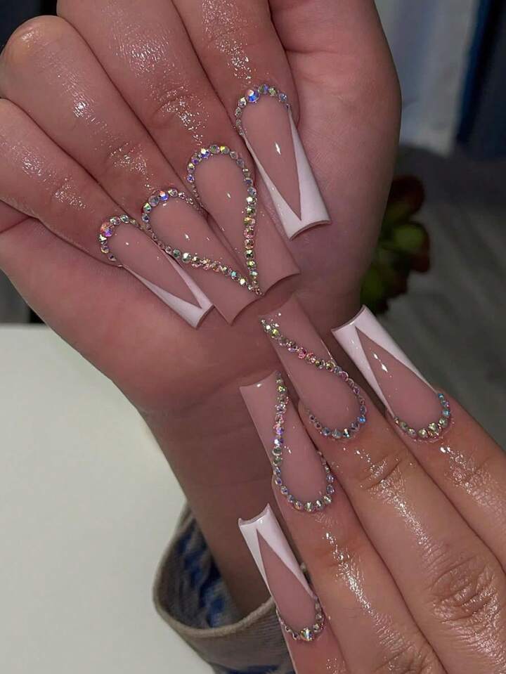 All White Nails With Rhinestones