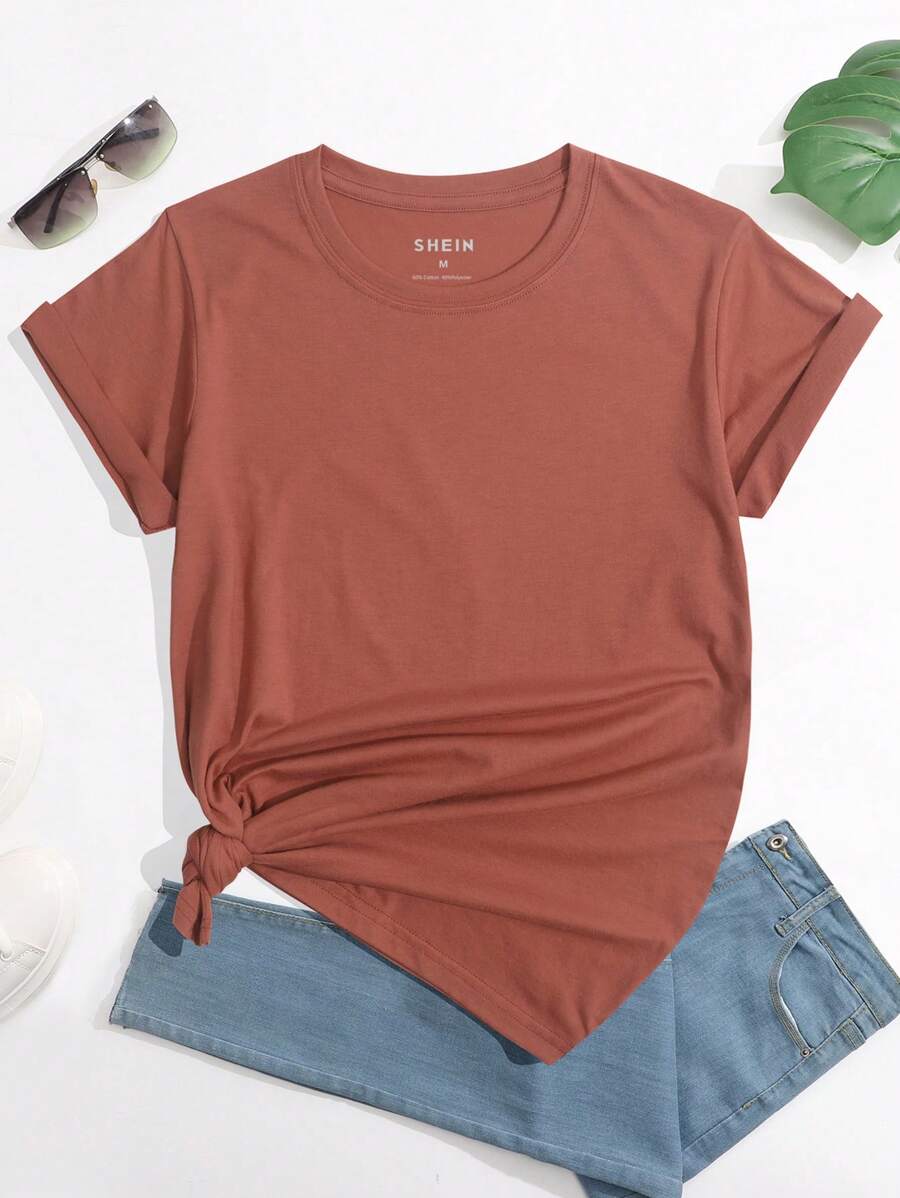 SHEIN LUNE Solid Round Neck Tee | SHEIN USA