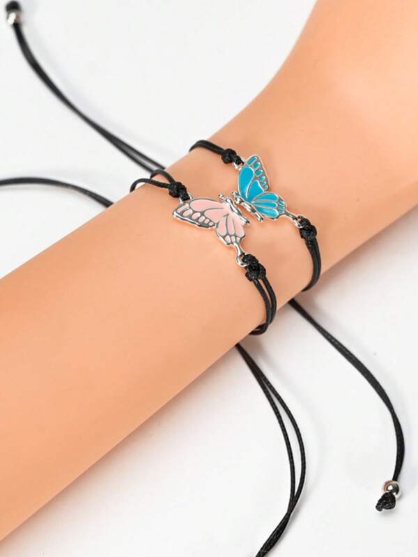 1pair Best Friends Forever Pink & Blue Butterfly String Bracelet For ...