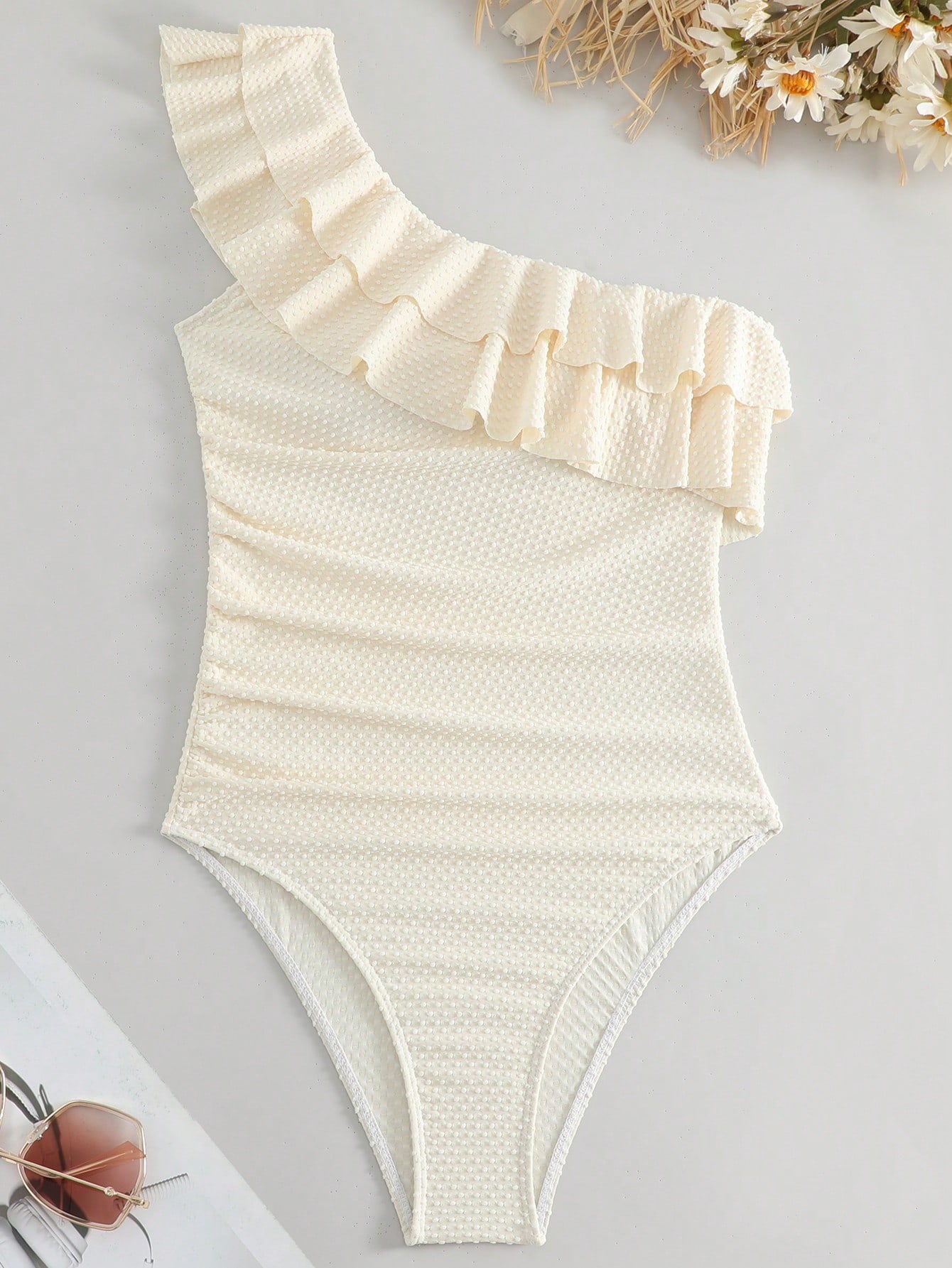 Ruffle Trim Ruched One Shoulder One Piece Swimsuit | SHEIN UK