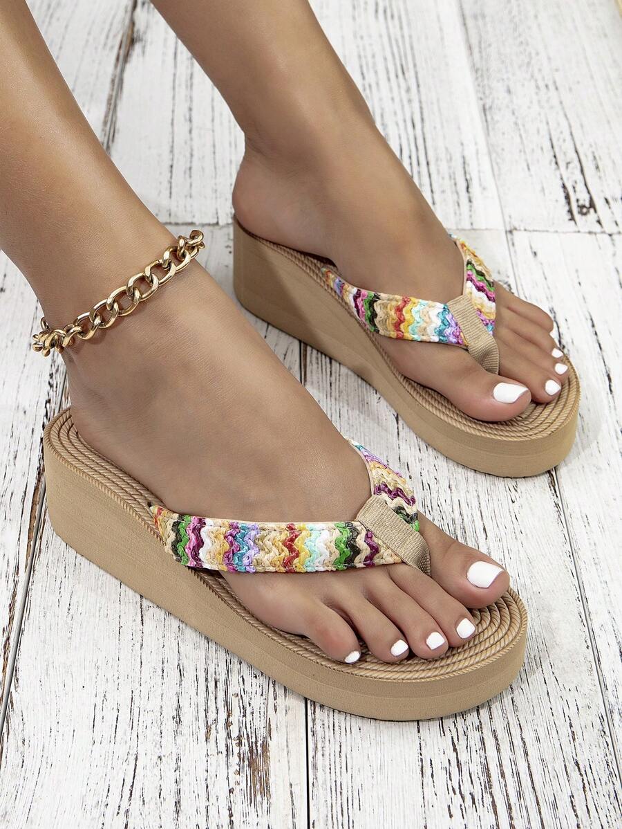 Vacation Sandals For Women, Color Block Toe Post Wedge Slide Sandals ...