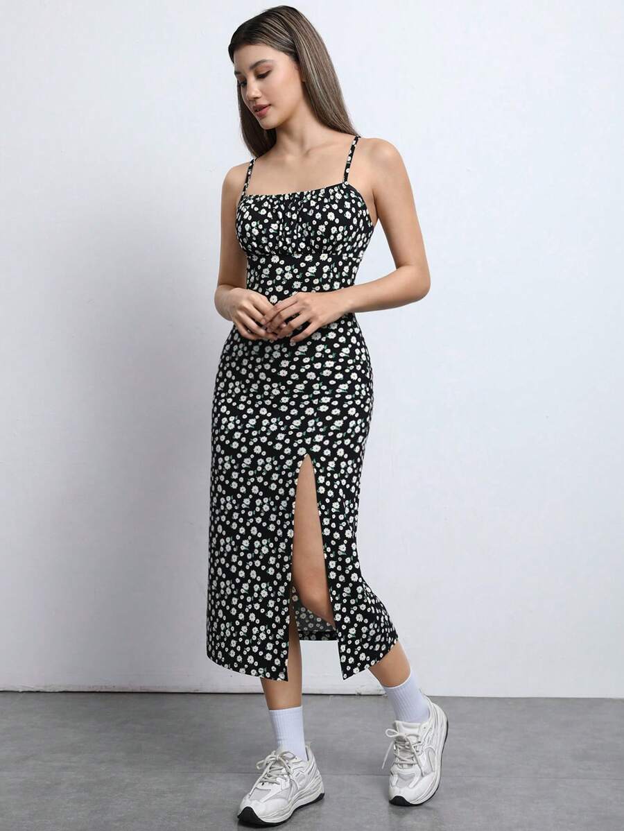 SHEIN EZwear Ditsy Floral Print Split Thigh Cami Long Summer Dress | SHEIN USA