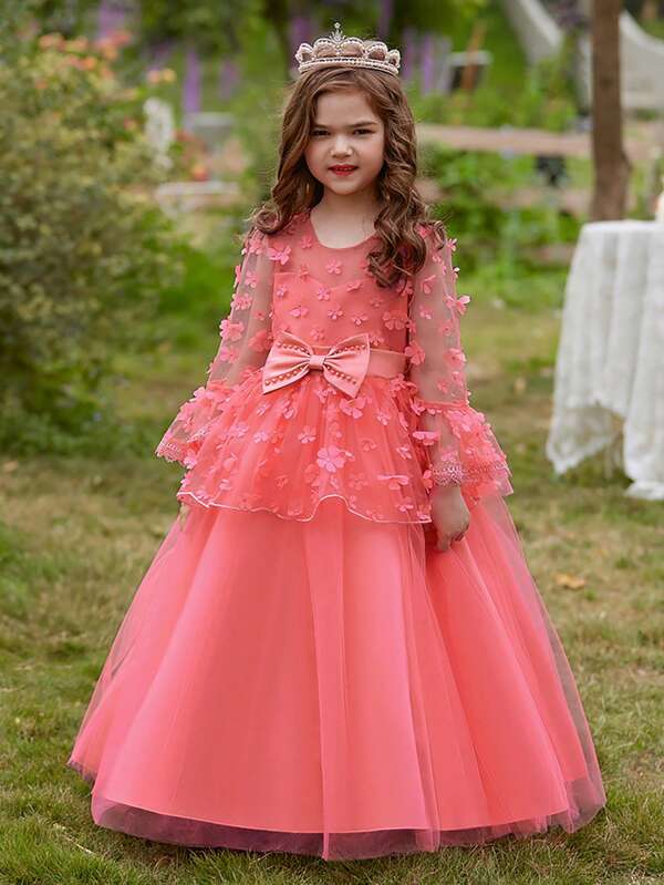 Tween Girls' Long Solid Color Mesh Chiffon Satin Dress, Suitable For ...