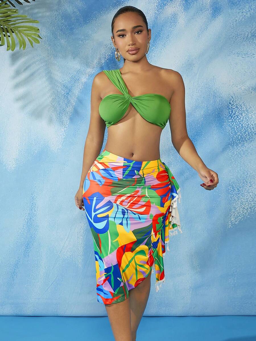 Shein Sxy One Shoulder Crop Top And Tropical Print Skirt Shein Usa
