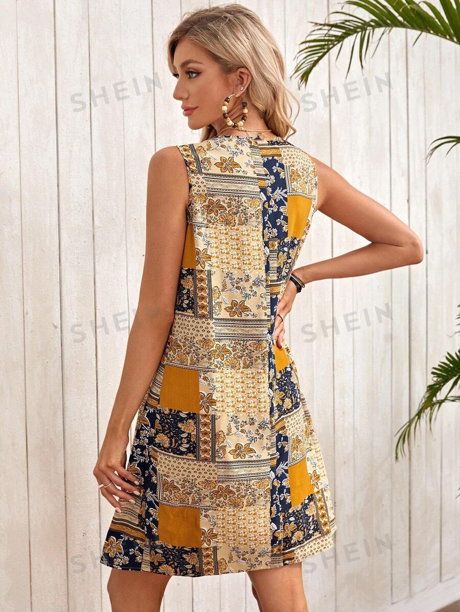 EMERY ROSE Patchwork Print Smock Dress | SHEIN USA