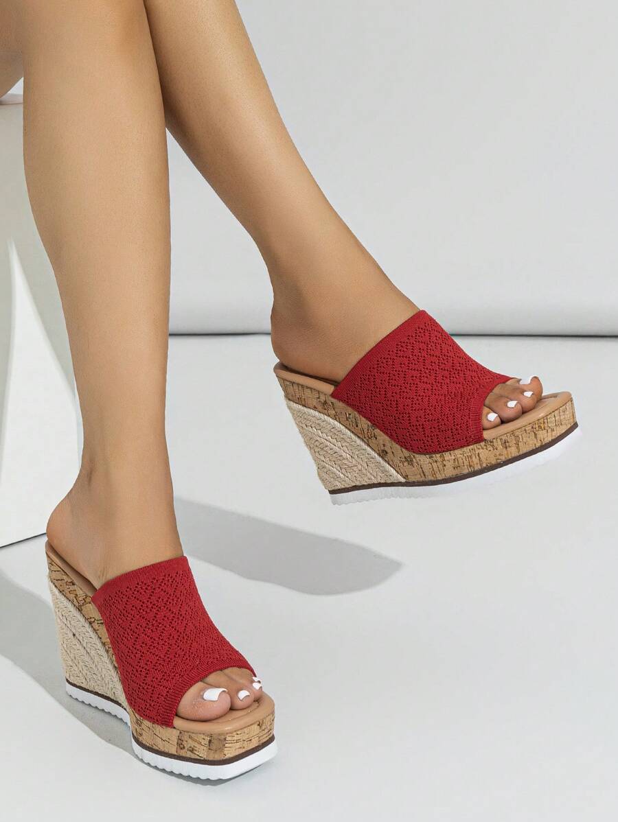Vacation Red Sandals For Women, Fabric Wedge Slide Sandals | SHEIN USA