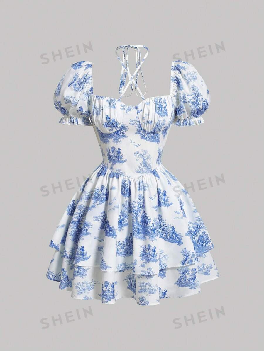 SHEIN MOD Figure & Plant Print Blue & White Pattern Crisscross Tie ...