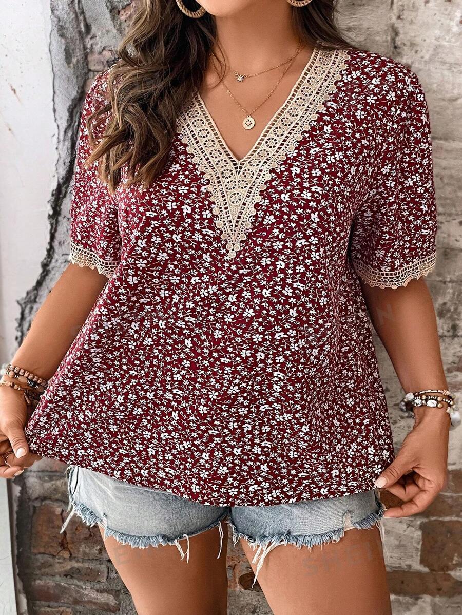 Shein Lune Plus Ditsy Floral Print Guipure Lace Insert Blouse Shein Usa