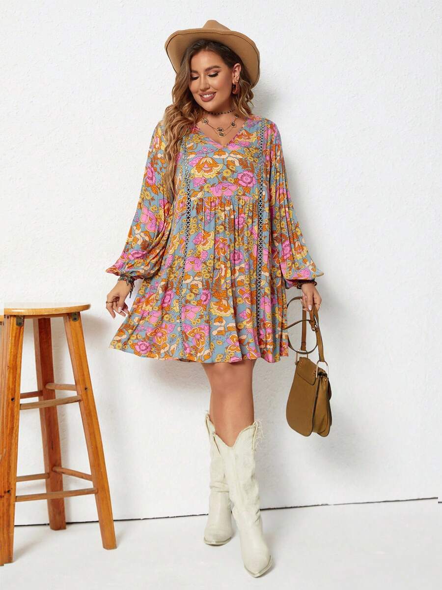 Rusttydustty Plus 1pc Floral Print Bishop Sleeve Lace Insert Smock ...