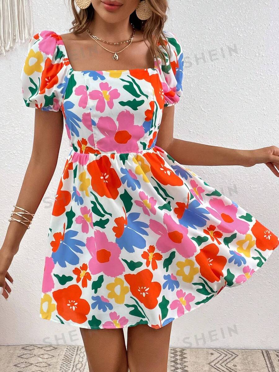 SHEIN VCAY Vestido impressão floral gola quadrada manga bufante | SHEIN Brasil