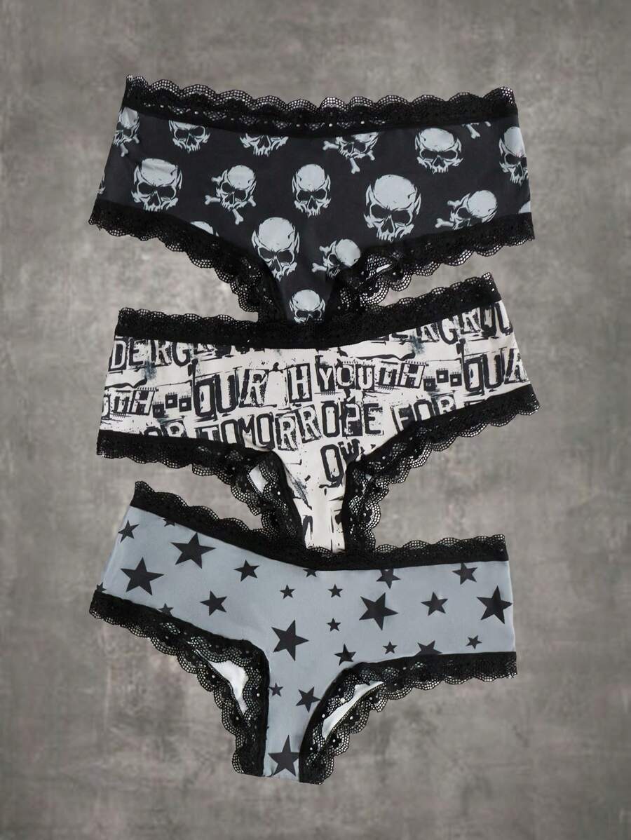 Romwe Grunge Punk 3pack Skull And Star Print Contrast Lace Panty Set